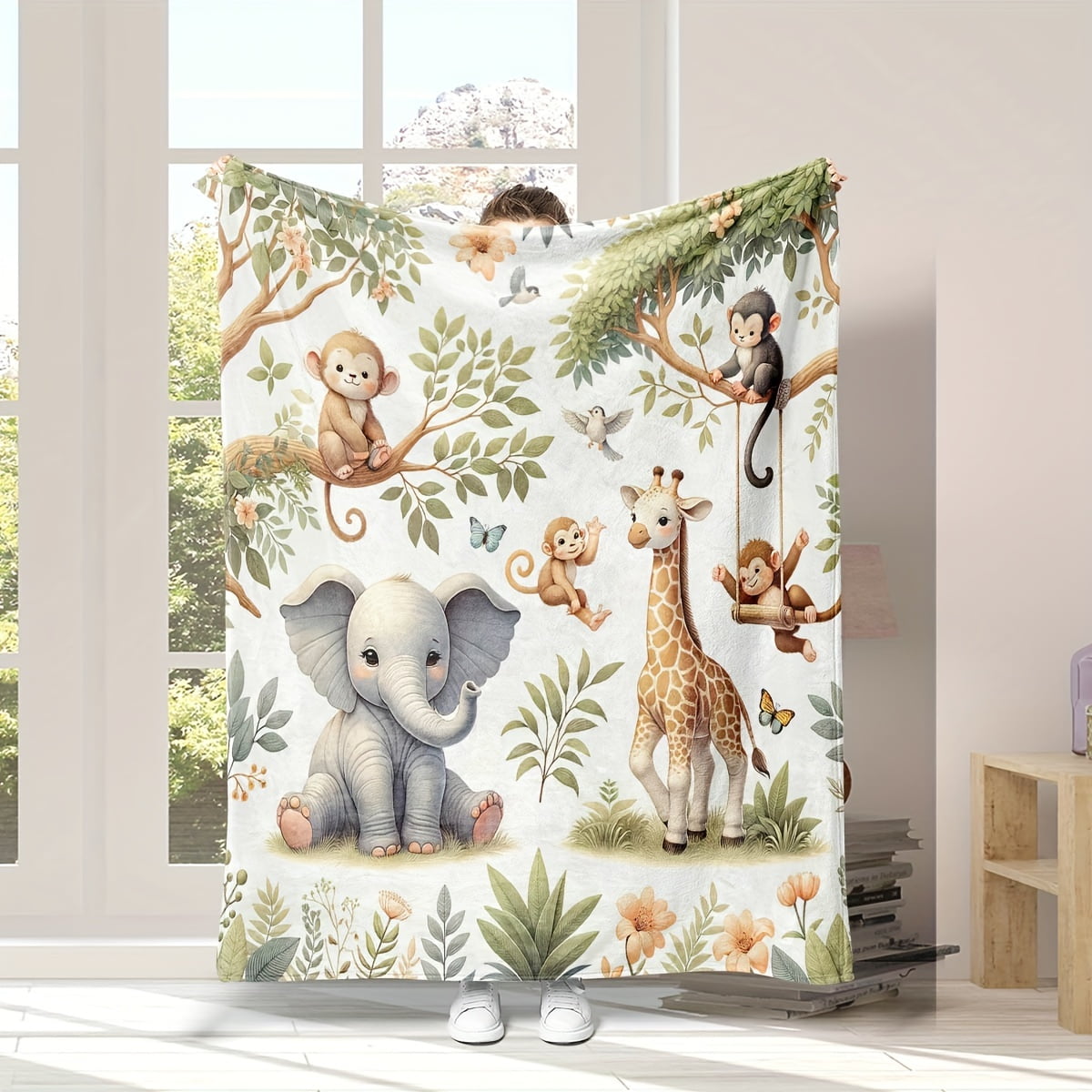 digital printed grassland animal flannel blanket with leaves, elephants ...