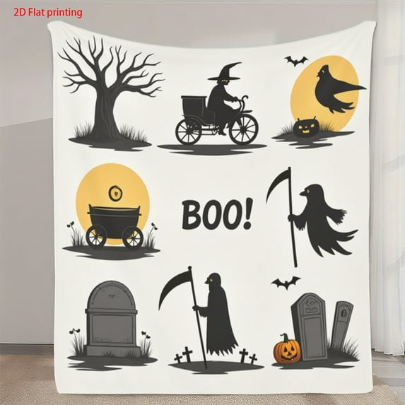1pc Flannel Blanket 2D Halloween Silhouette Pattern Witch Bicycle Moon ...