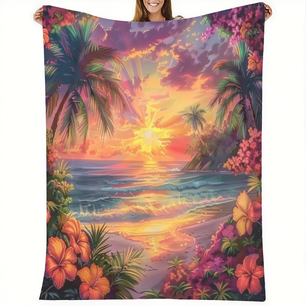 1pc Flannel Blanket 2D Tropical Beach Sunset Floral Patterns Furry ...