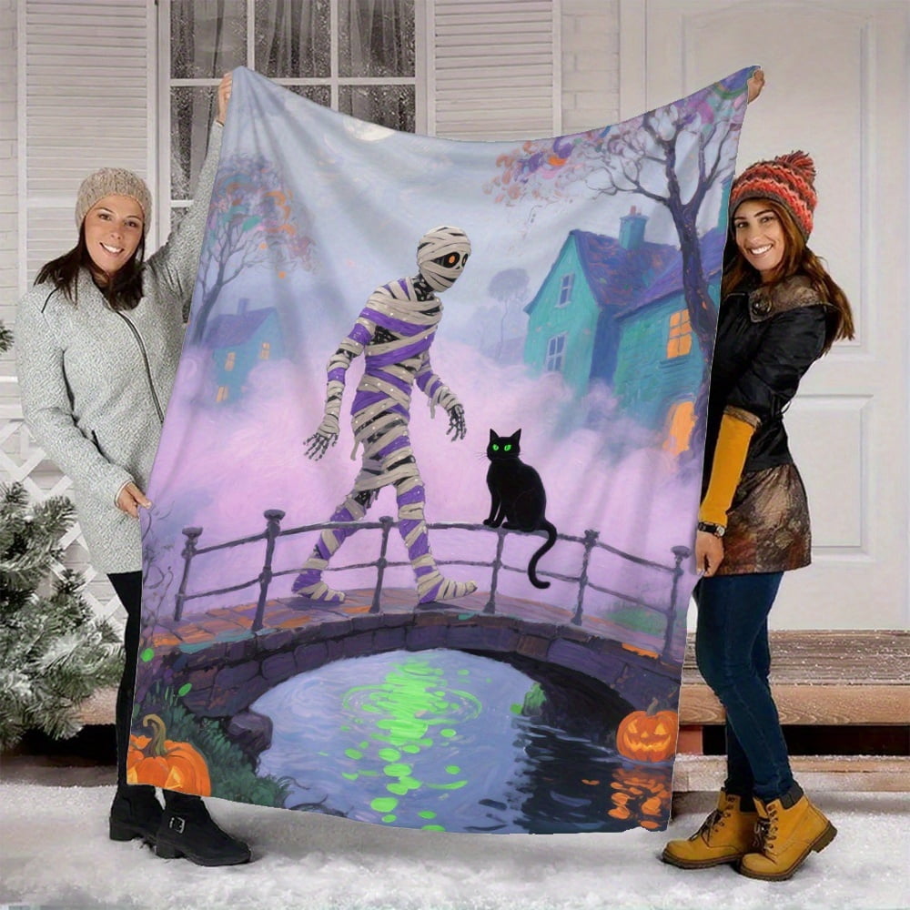 1pc, Flannel Blanket with Soft Halloween Mummy Cat Moon Pattern, 2D Non ...