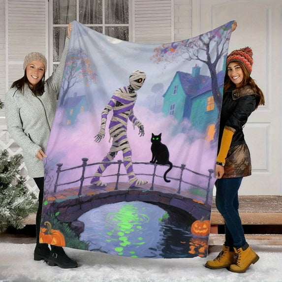 1pc, Flannel Blanket with Soft Halloween Mummy Cat Moon Pattern, 2D Non ...