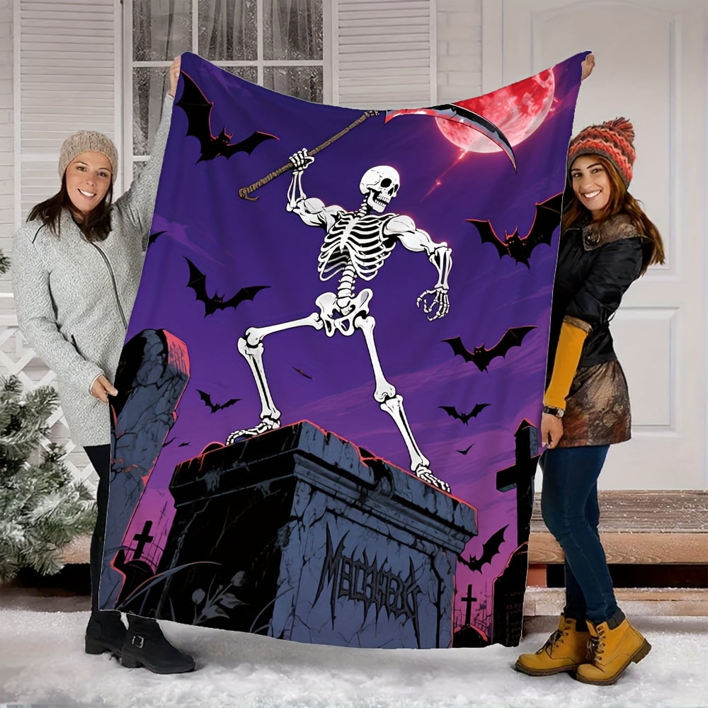 1pc, Flannel Blanket Soft Halloween Skull Blood Moon Theme Blanket ...