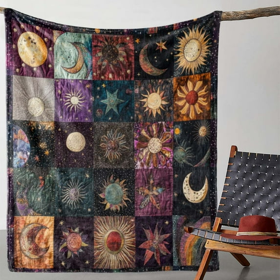 1pc Flannel Blanket, Sun & Moon 2D Printed Patchwork Warm Soft Cozy ...
