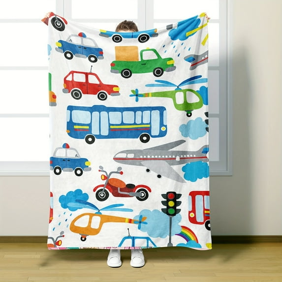 1pc Flannel Blanket with Cartoon Airplanes, Cars, and Buses | Warm ...