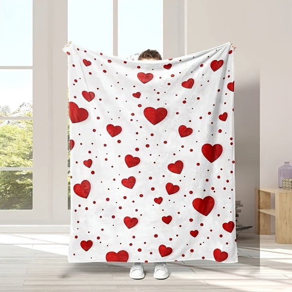 1pc Flannel Blanket with Large and Small Red Hearts Contemporary Design ...