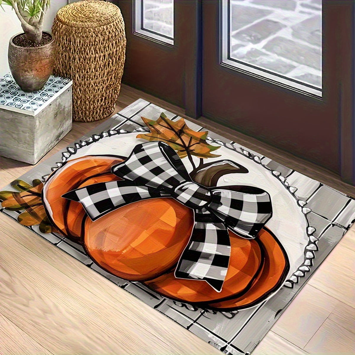 1pc Flannel Door Mat - Autumn Pumpkin, Plaid Bow & Gingham Leaf Design ...