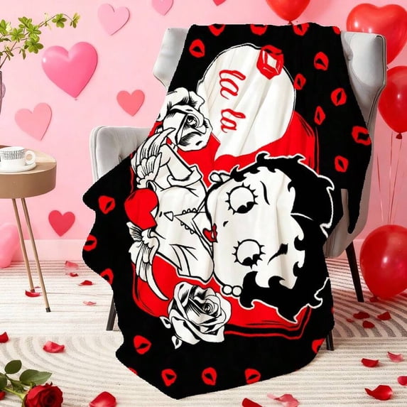 1pc Flannel Throw Blanket - Soft Bettie Page Heart Lips Rose Warm ...