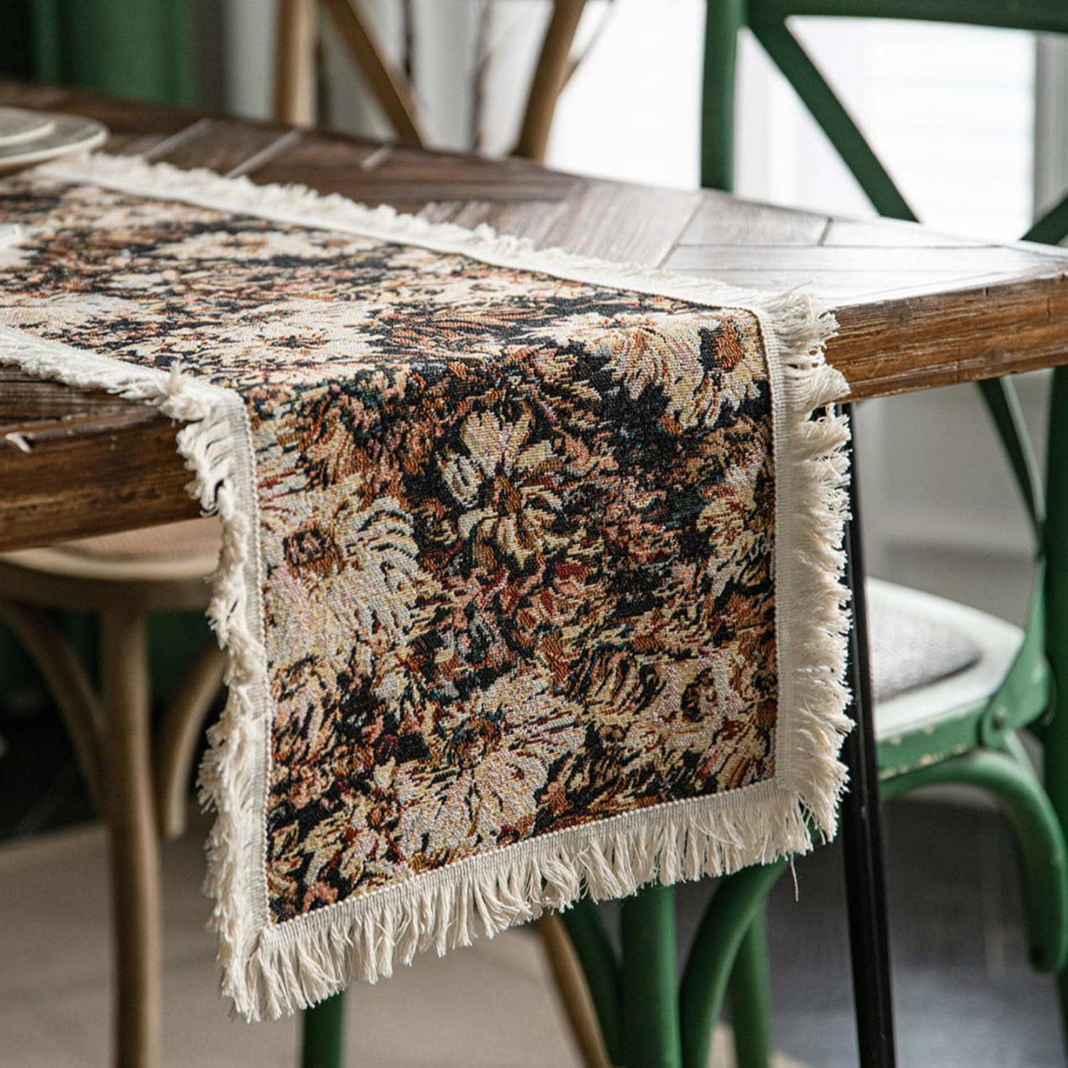 1pc Floral Jacquard Fringe Trim Table Runner, Cottagecore Fabric Table ...