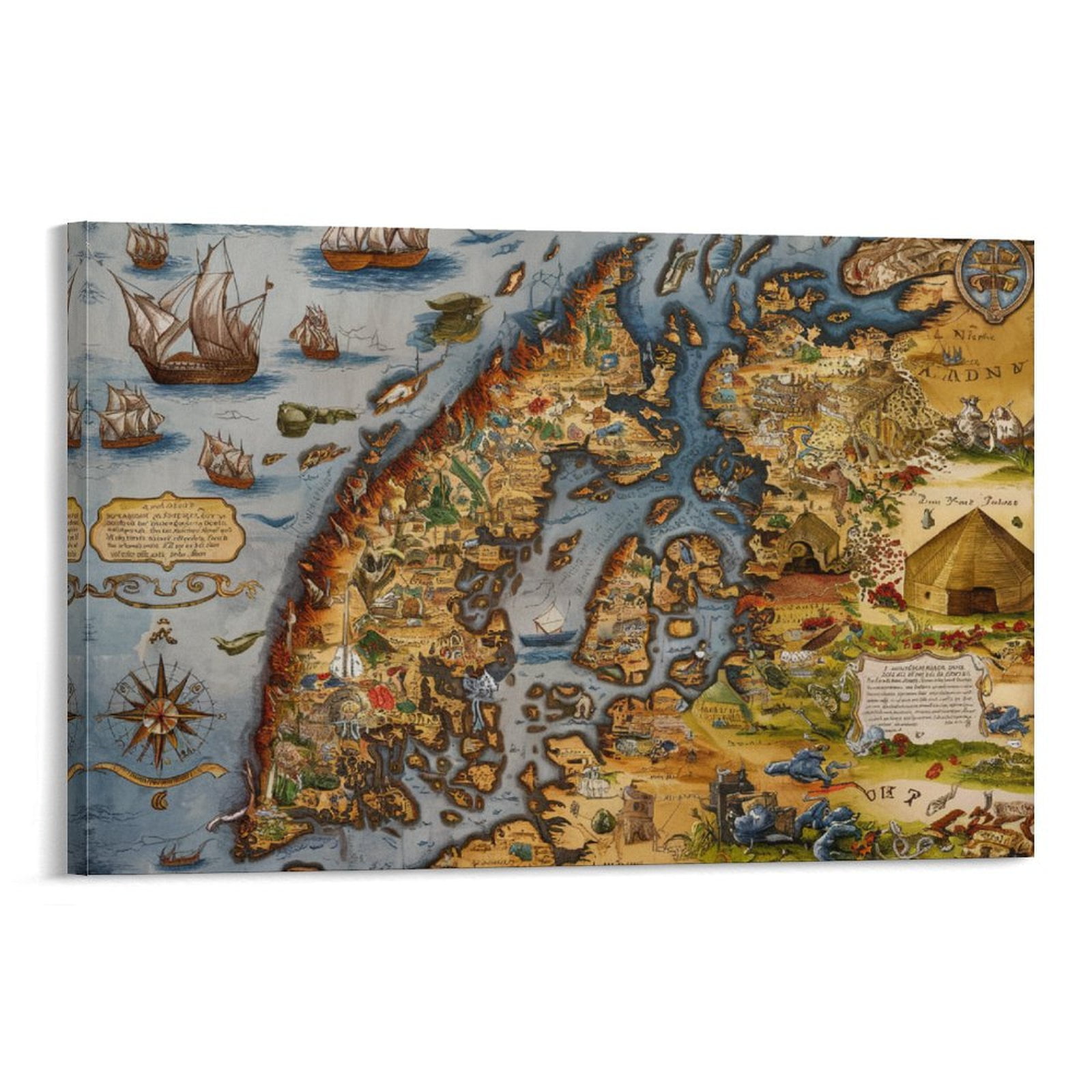 1pc Framed Canvas Carta Marina, Map of Scandinavia by Olaus Magnus ...