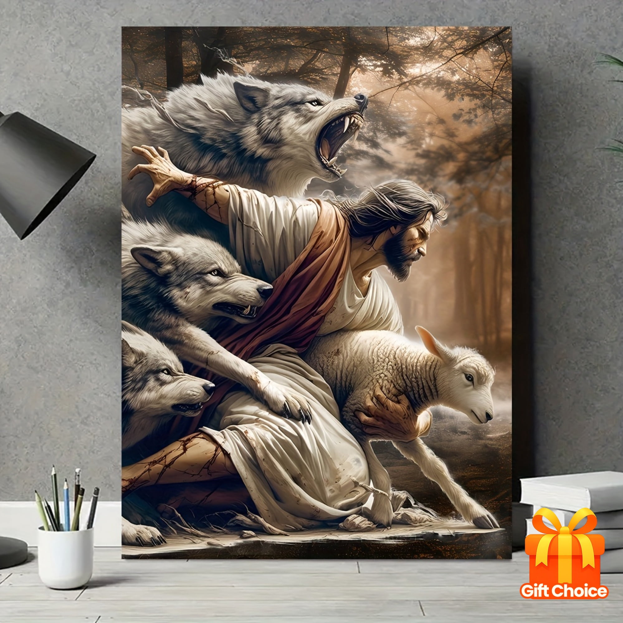 1pc Frameless Canvas Art Print - Jesus, Wolves & Sheep | Classic Style ...