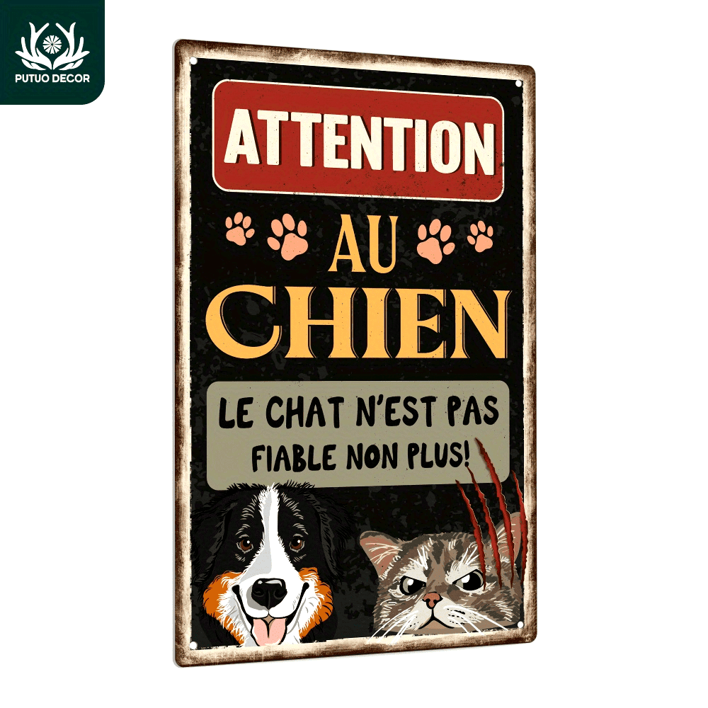 1pc French Vintage Metal Tin Sign, Attention Au Chien Le Chat N'est Pas ...