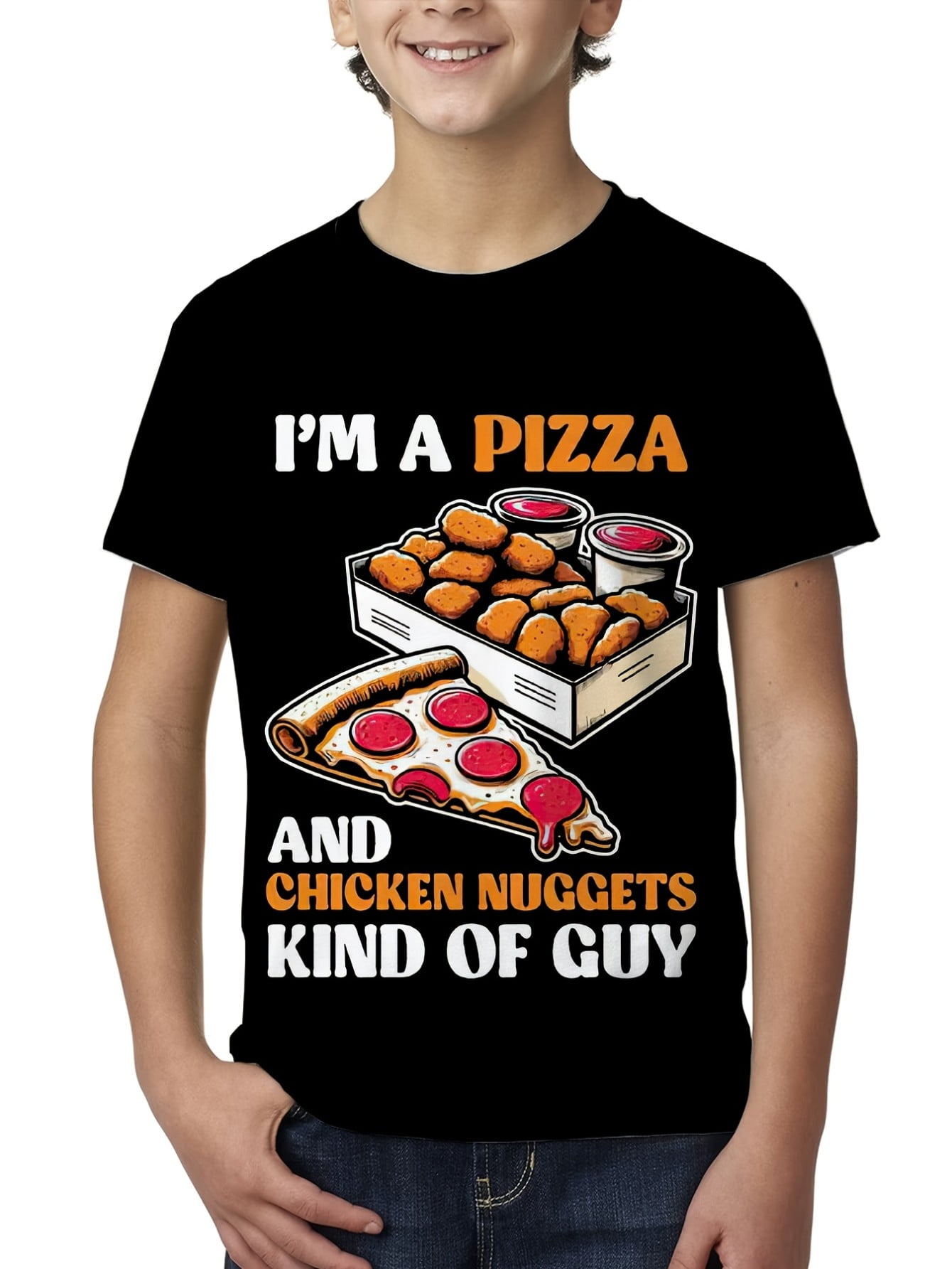 1pc Fun Pizza & Chicken Nuggets Lover T-Shirt, Boys' Summer Casual Crew ...