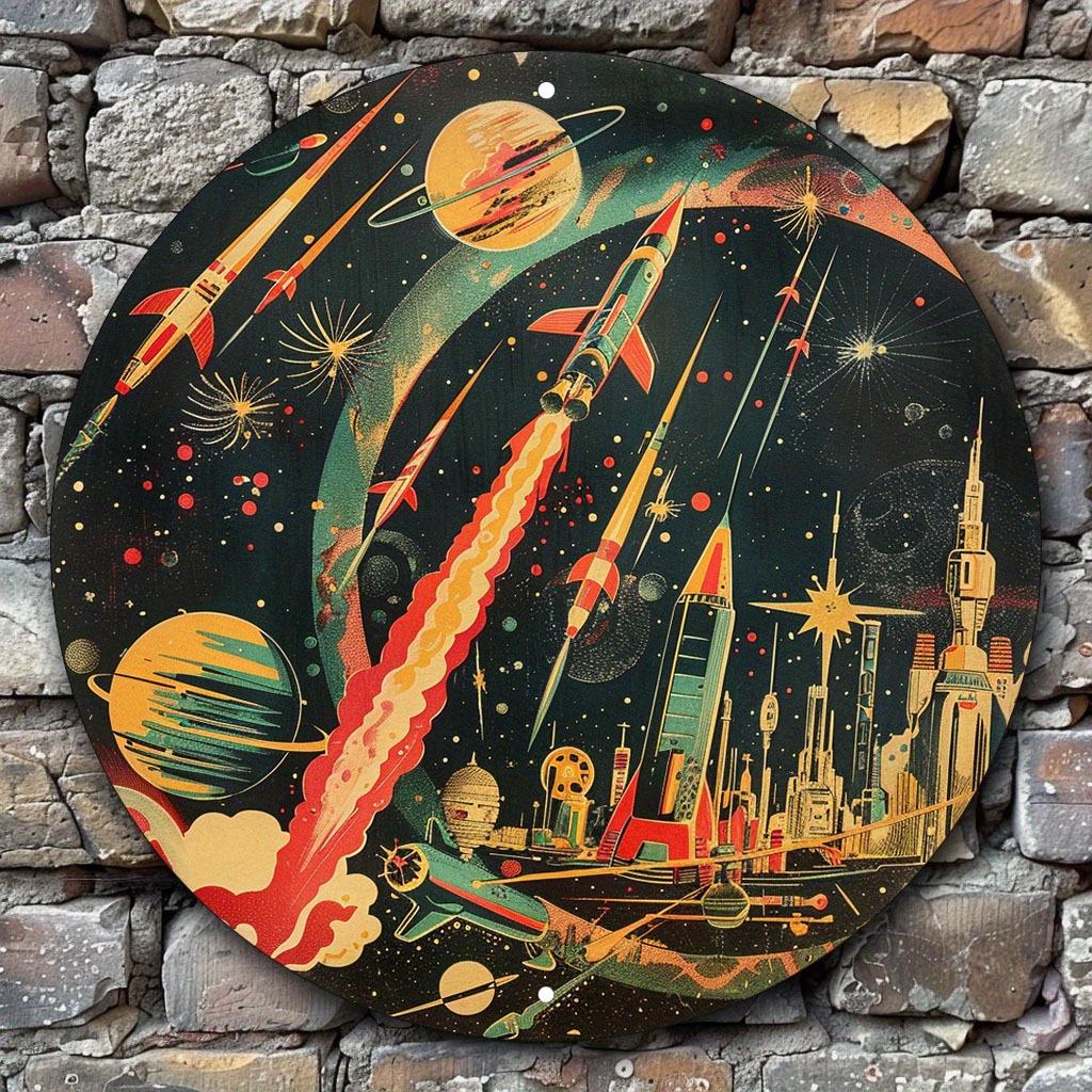 1pc, Futuristic Space-Themed Round Metal Wall Art, Decorative Aluminum ...