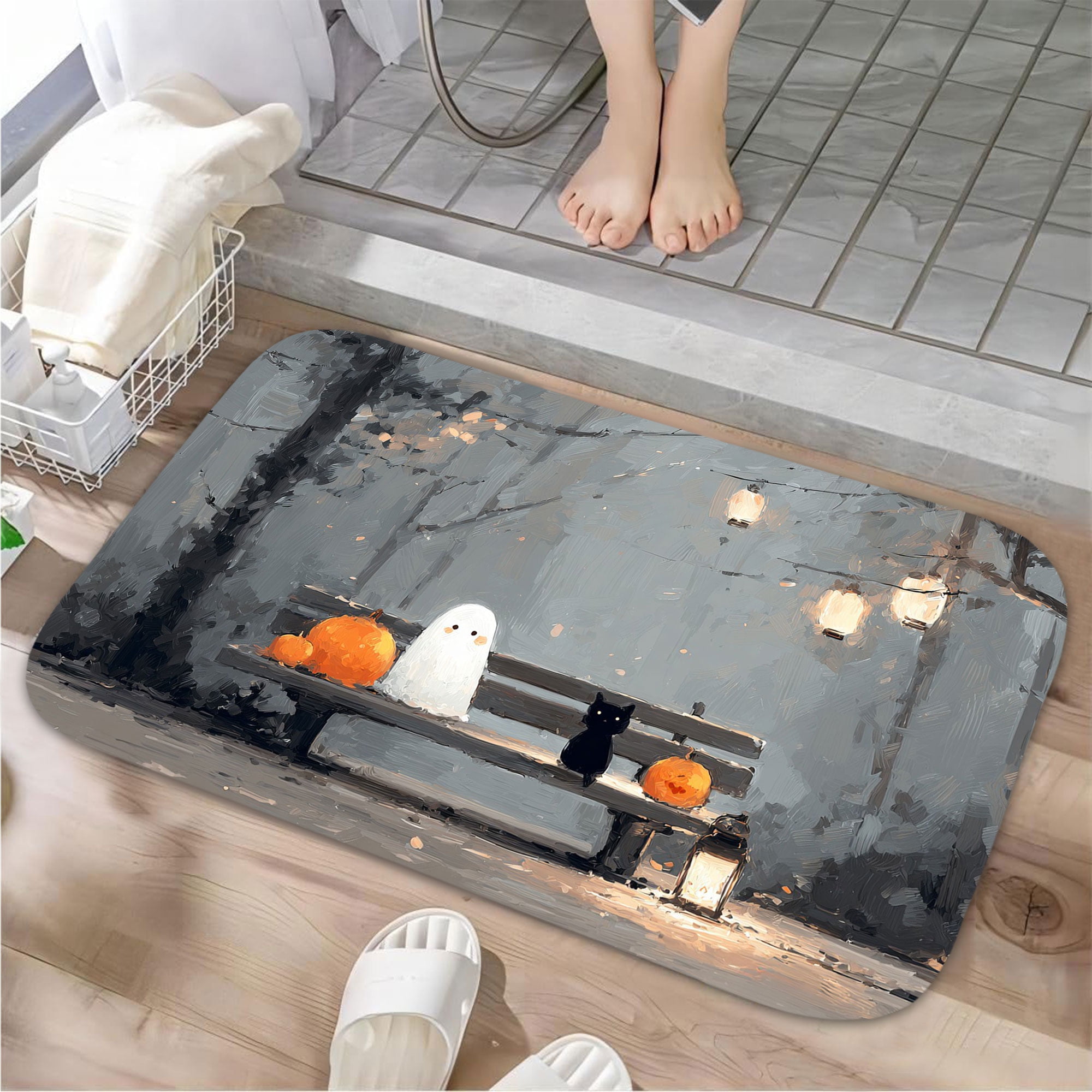 1pc Ghost Black Cat and Pumpkins Absorbent Non-Slip Bathroom Thickened ...