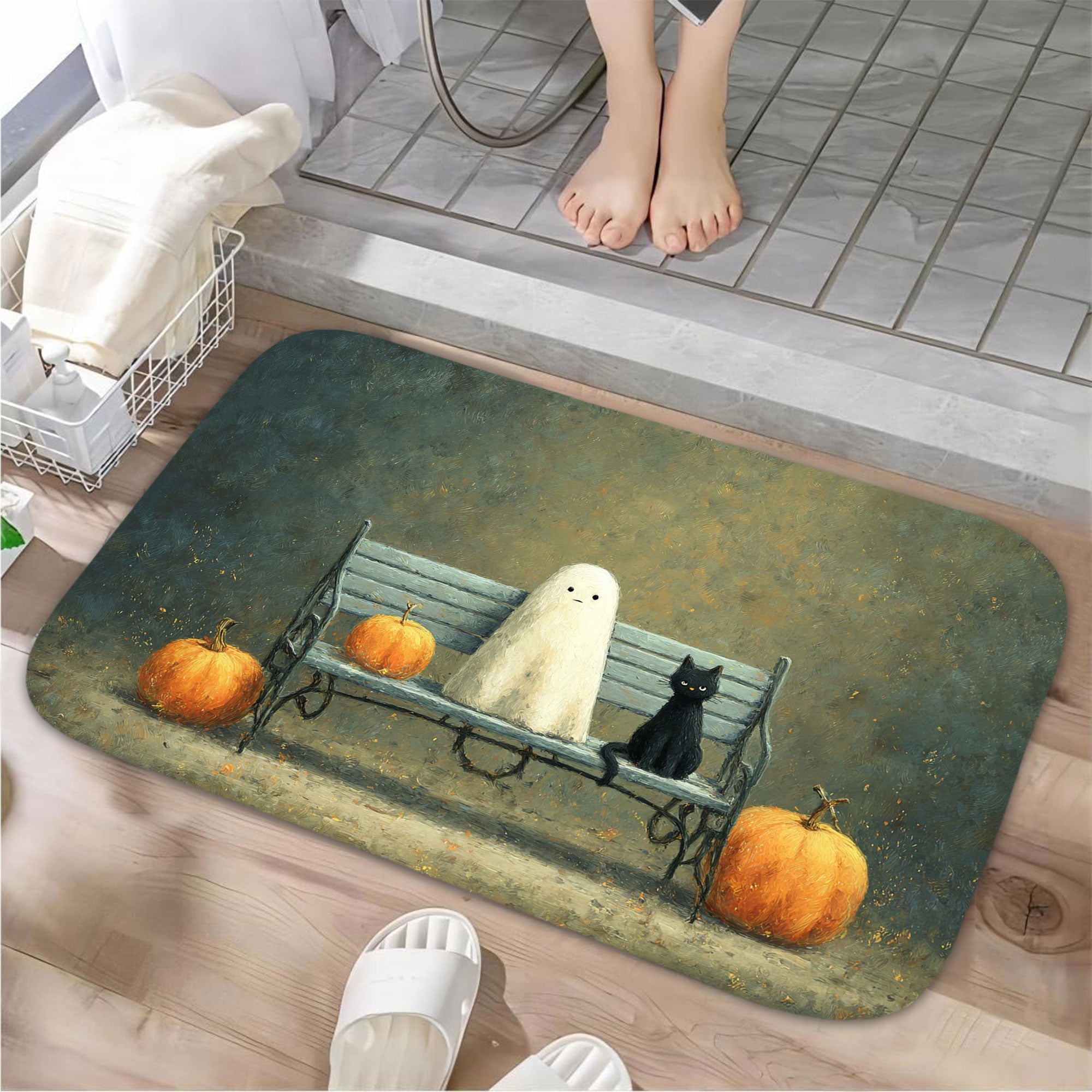 1pc Ghost Black Cat and Pumpkins Absorbent Non-Slip Bathroom Thickened ...