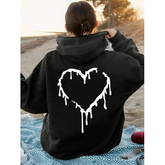 1pc Girl Hooded Sweatshirt - Dripping Heart Graffiti Print, Loose Fit ...