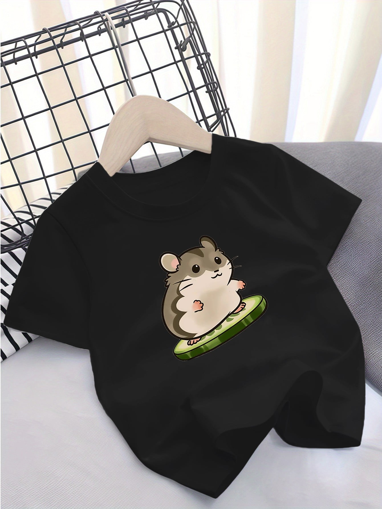 1pc Girls' Cartoon Hamster Print T-Shirt, Cotton Blend Crew Neck Short ...