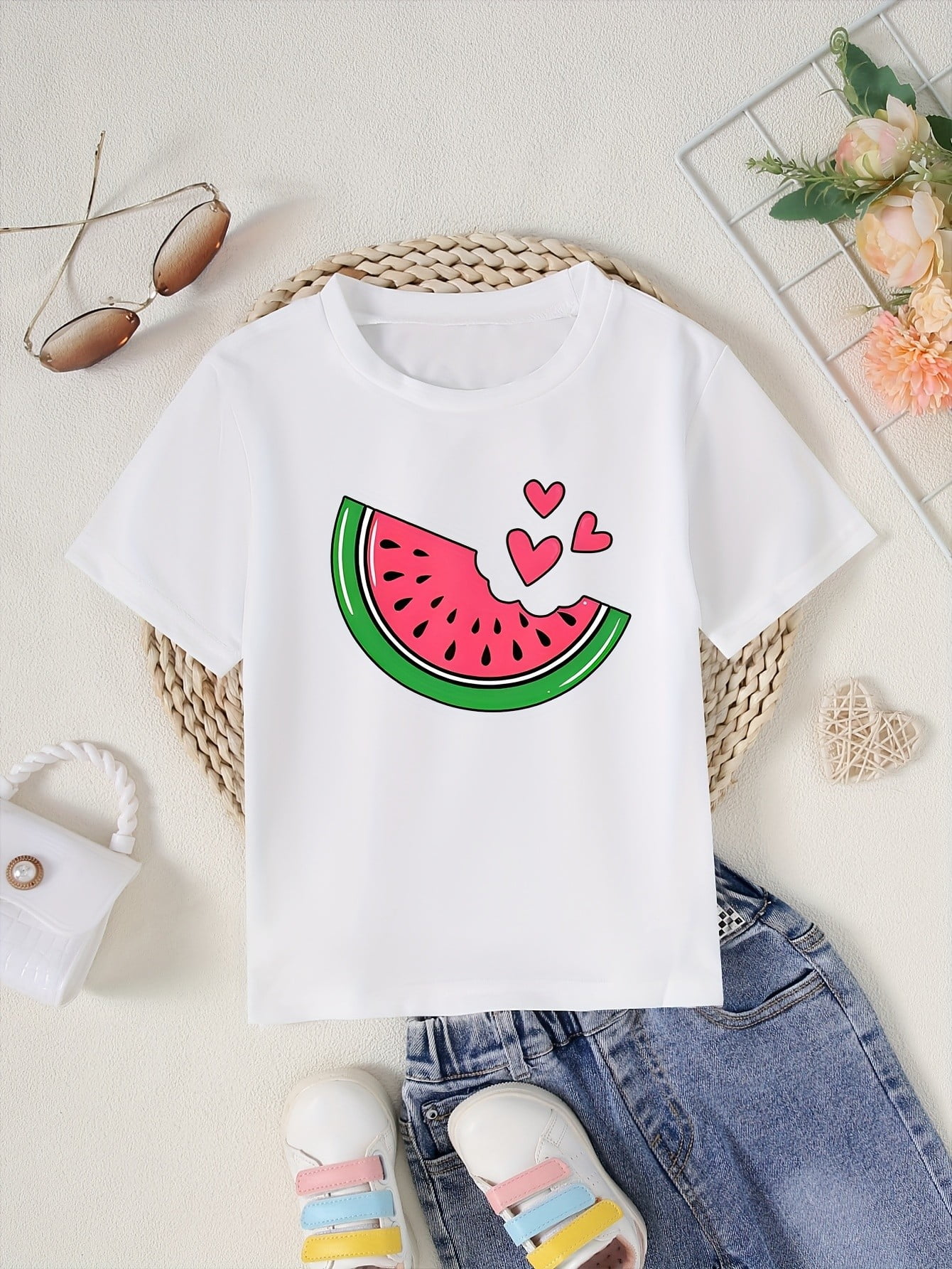 1pc Girls' Cute Watermelon Cartoon Graphic T-Shirt - Casual Crew Neck ...