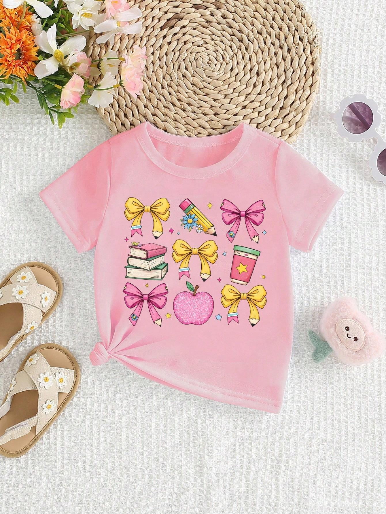 1pc Girls Pencil Print Cute Casual Short Sleeve Crew Neck T-Shirt ...