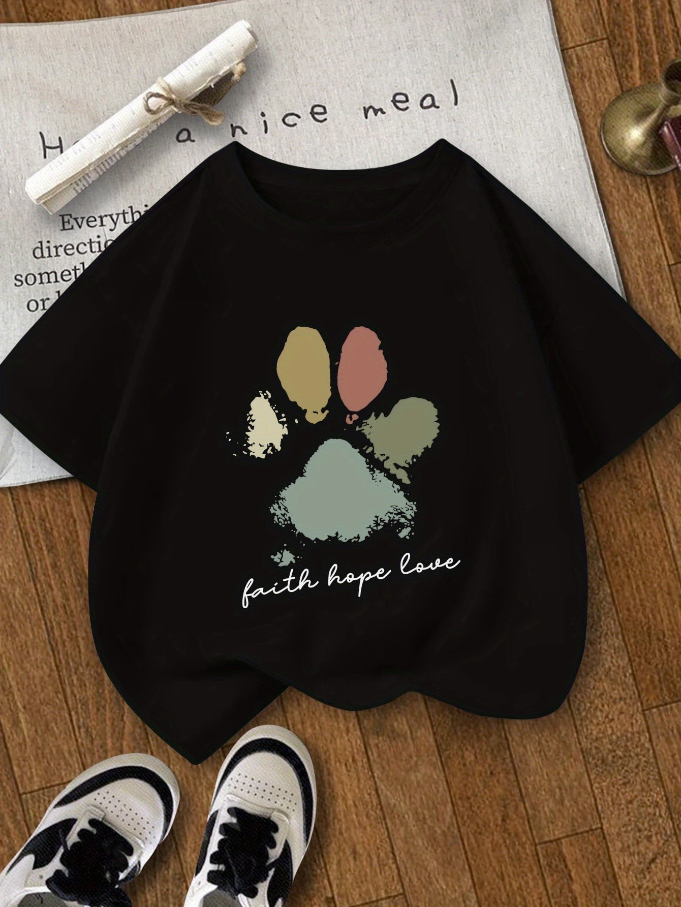 1pc Girls' Summer Casual Crew Neck T-Shirt with Dog Paw Print ...