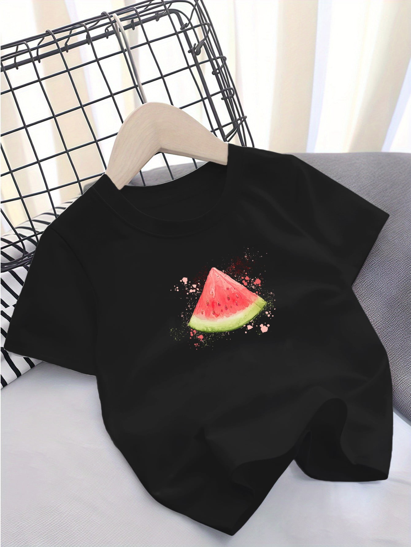1pc Girls' Summer Cotton T-Shirt with Cartoon Watermelon Print, Casual ...
