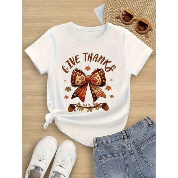 1pc Girls' Thanksgiving Shirt - White Top With Autumn Leaves & GIVE ...