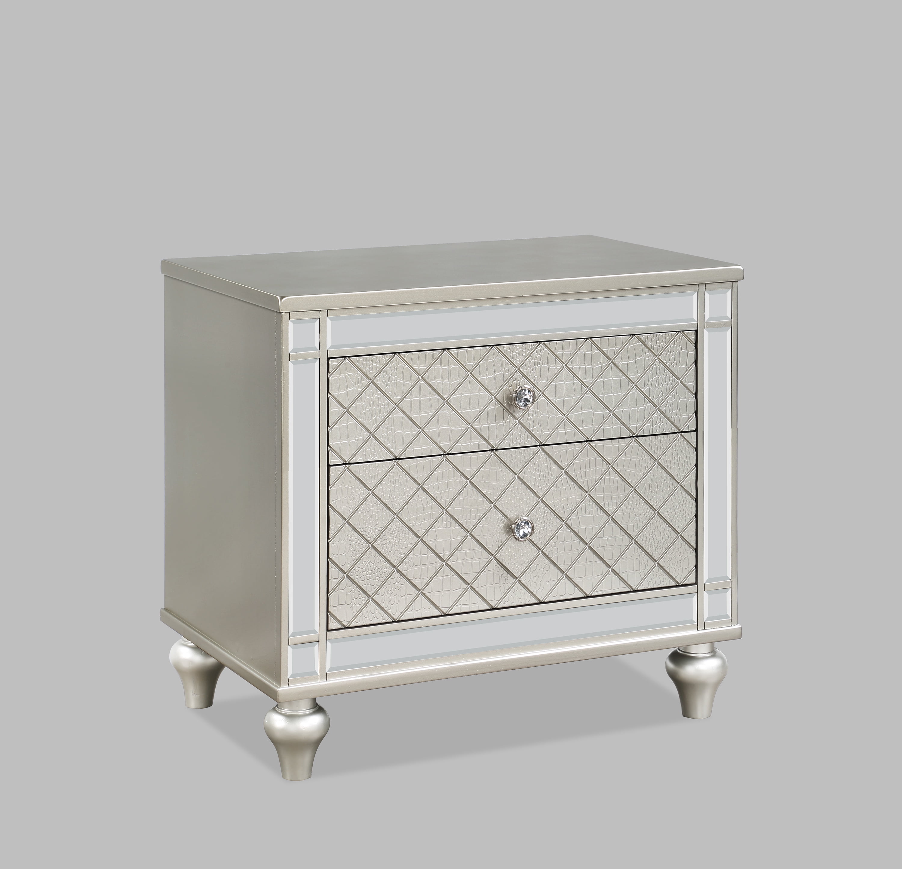 1pc Glam 2-Drawer Bedroom Nightstand Diamond Patterned Drawer Fronts ...