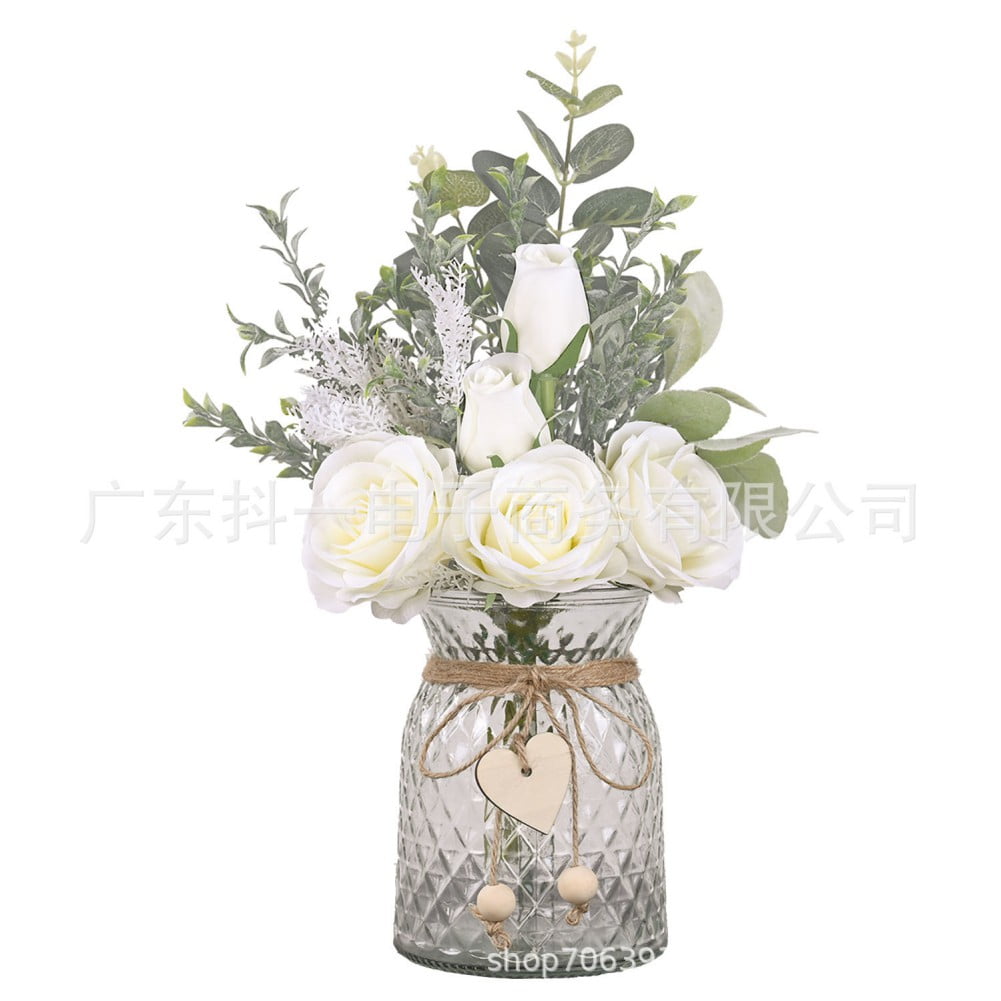 1pc Glass Vase with Flowers Set Centerpieces Artificial Rose Flowers ...