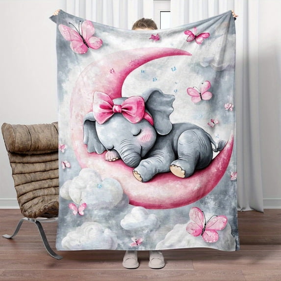 1pc Goodnight Elephant & Moon Print Flannel Throw Blanket - Lightweight ...