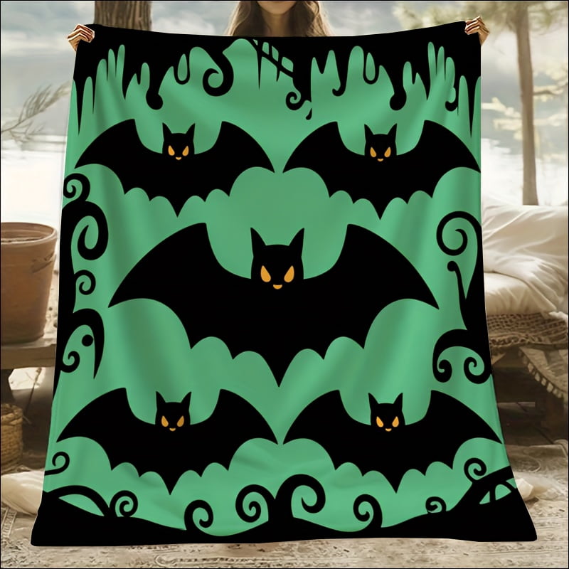 1pc Gothic Bat Silhouette Throw Blanket - Dark Green with Black Bats ...
