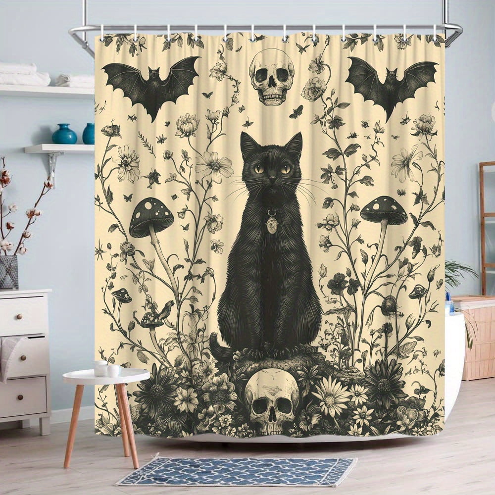 1pc Gothic Black Cat Polyester Shower Curtain with Skulls, Mushrooms ...