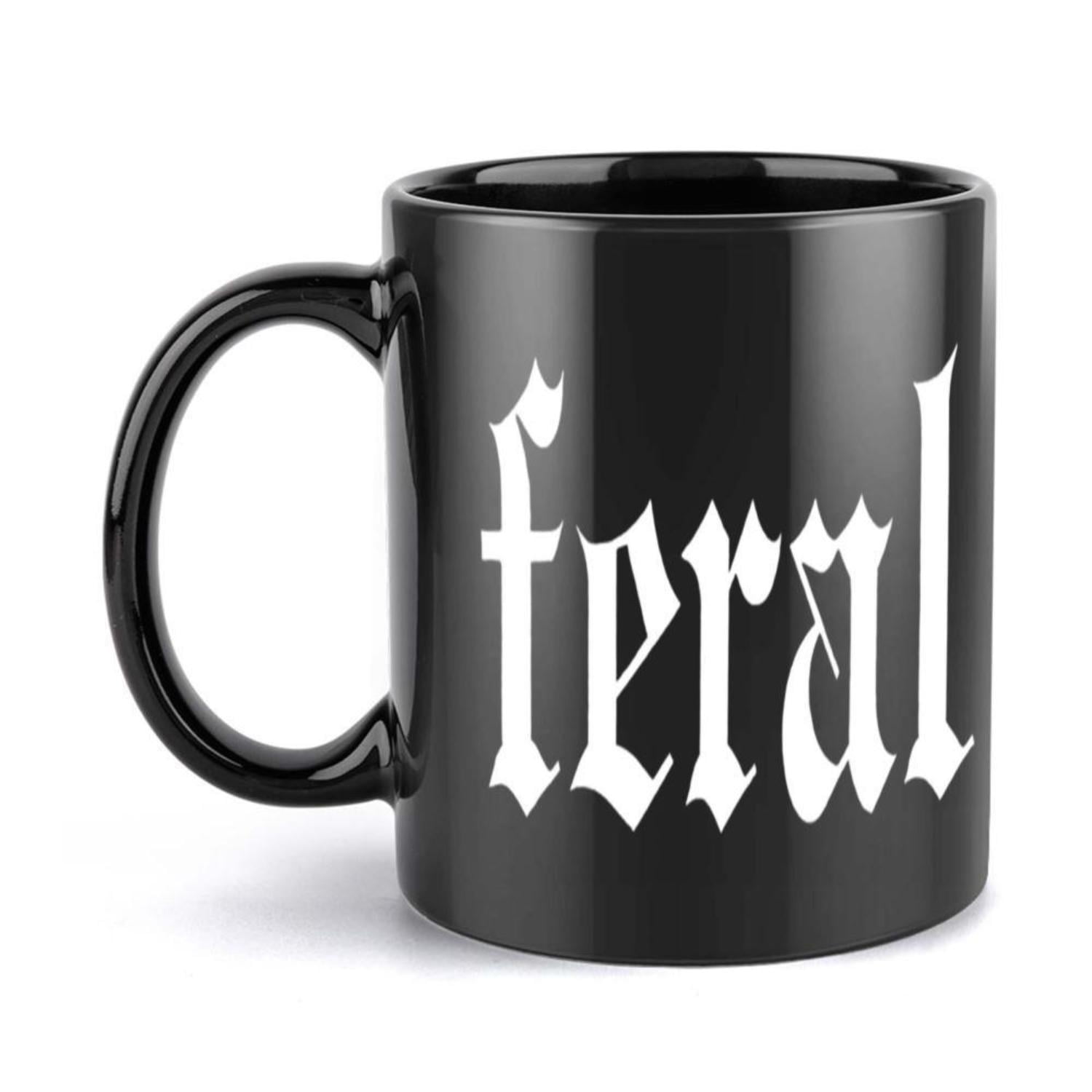 1pc Gothic Feral 11oz Ceramic Coffee Mug Black with White Gothic Text ...