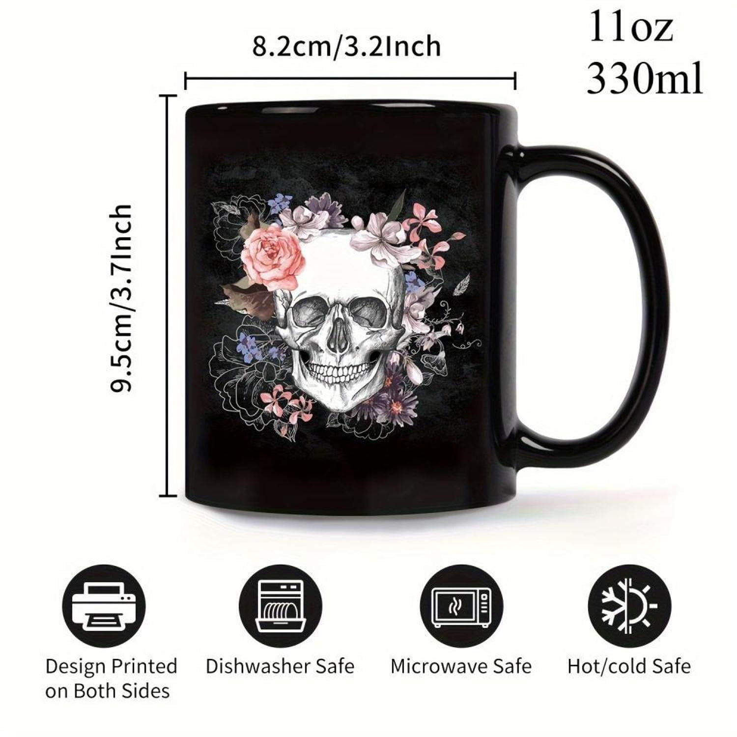 1pc Gothic Floral Skull Ceramic Mug with Black Pink Design Dark Brown ...
