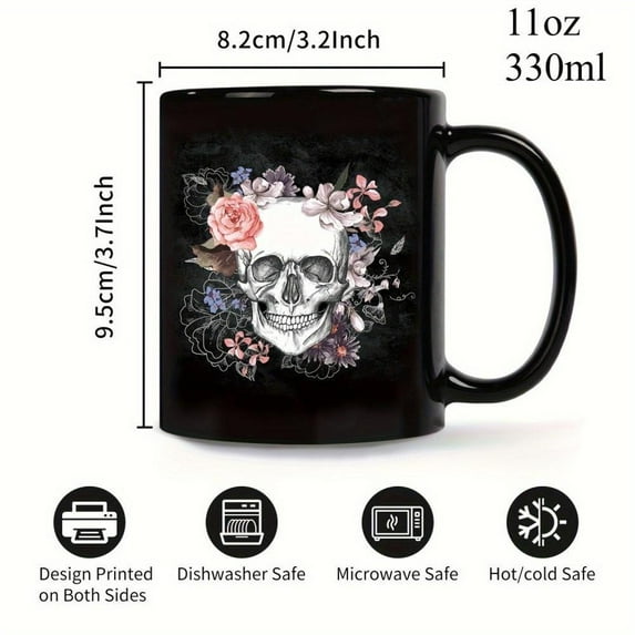 1pc Gothic Floral Skull Ceramic Mug with Black Pink Design Dark Brown ...