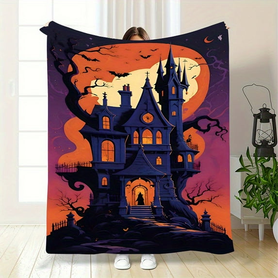 1pc Gothic Halloween-Themed Flannel Blanket - Spooky Castle & Haunted ...