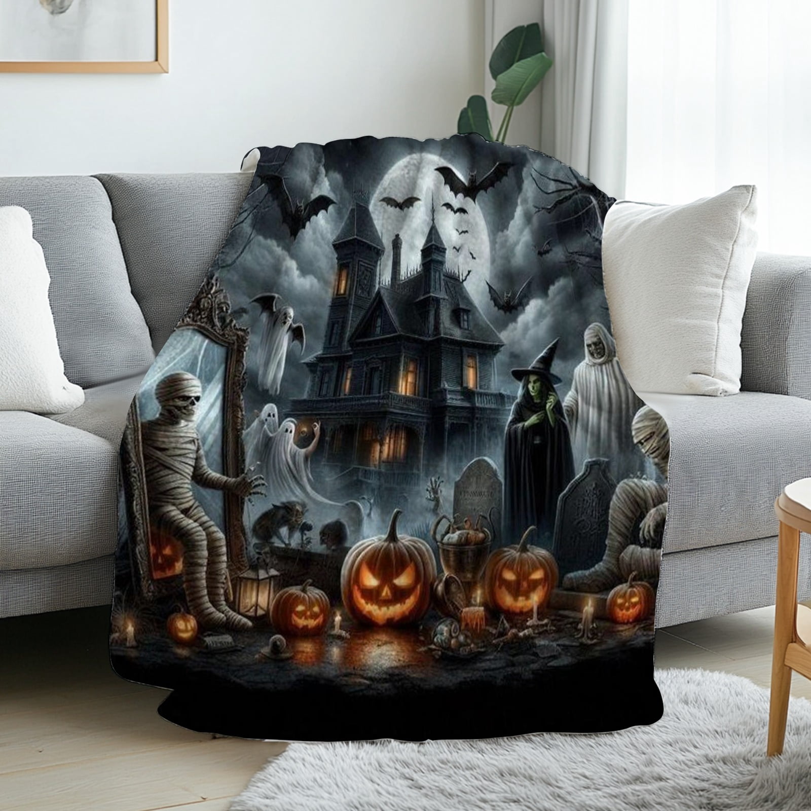1pc Gothic Haunted House Flannel Blanket - Spooky Victorian Mansion ...