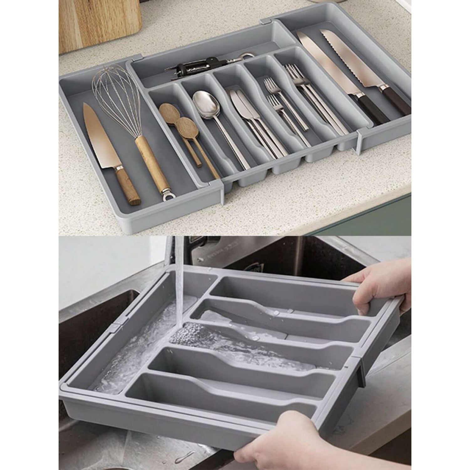 1pc Grey Drawer Organizer, Expandable Utensil Tray for Kitchen ...