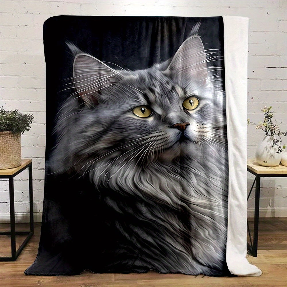 1pc Grey Maine Coon Cat Print Reversible Throw Blanket - All-Season ...