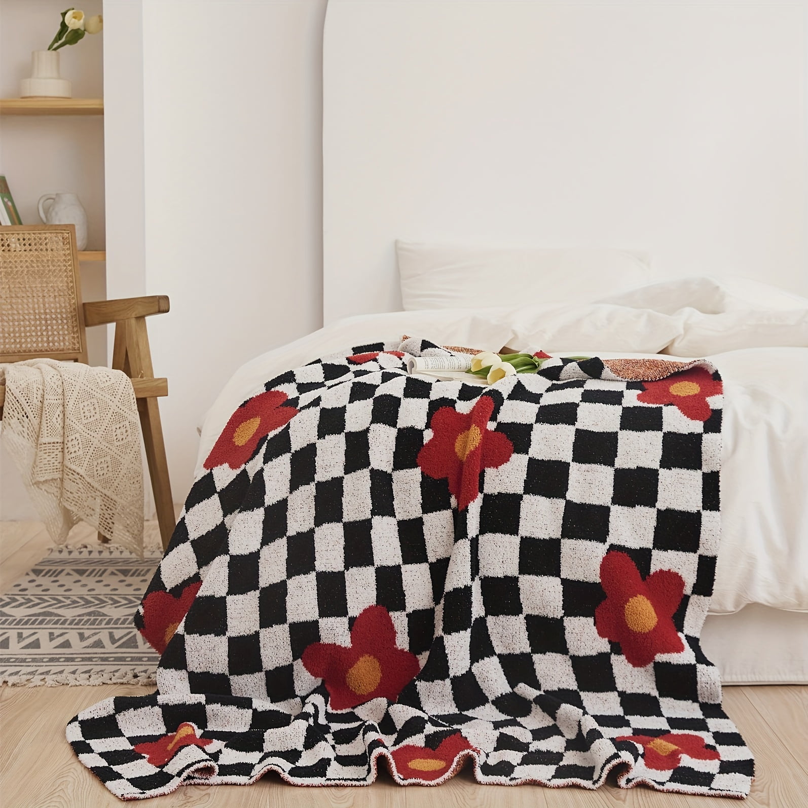 1pc Half-Floral & Houndstooth Bedspread - Soft Cozy Bed Cover Suitable ...