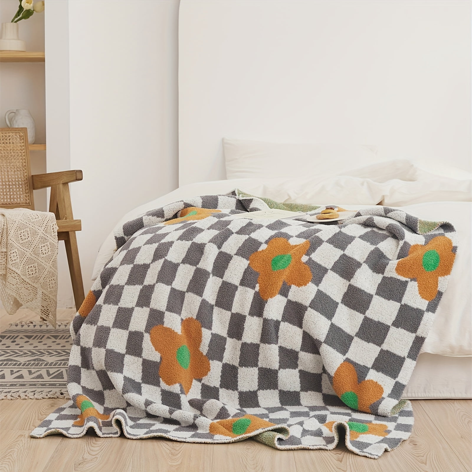 1pc Half-Floral & Houndstooth Bedspread - Soft Cozy Bed Cover Suitable ...