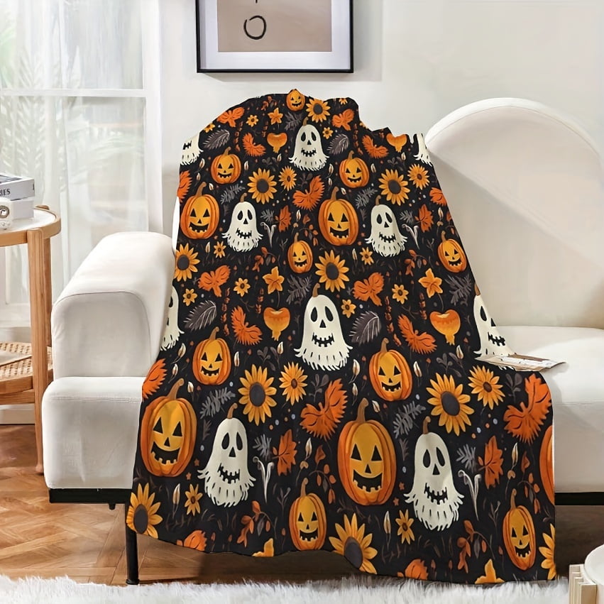 1pc Halloween Digital Print Pumpkin Flannel Blanket Autumn Leaves ...