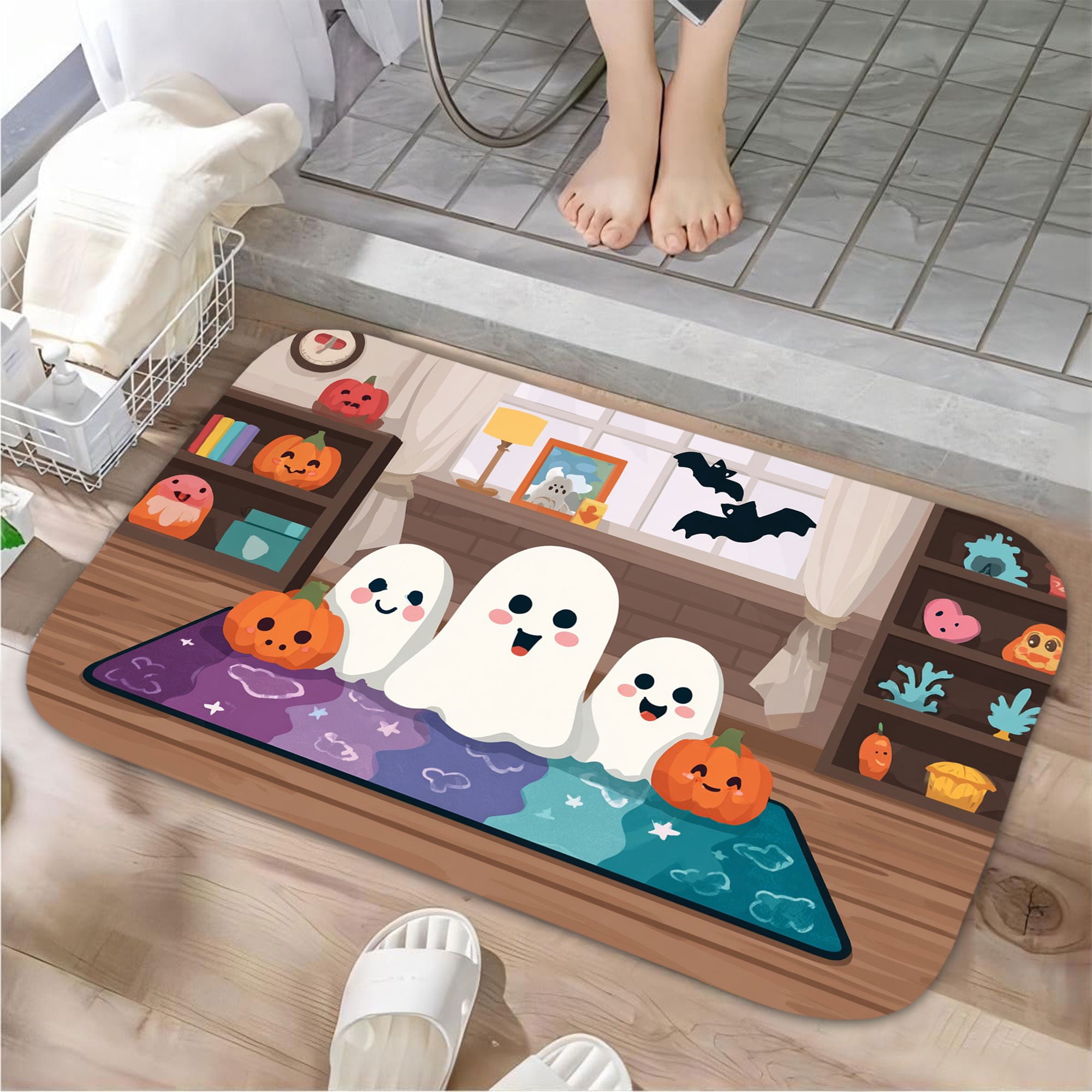 1pc Halloween Ghosts Absorbent Non-Slip Bathroom Thickened Flannel Rug ...