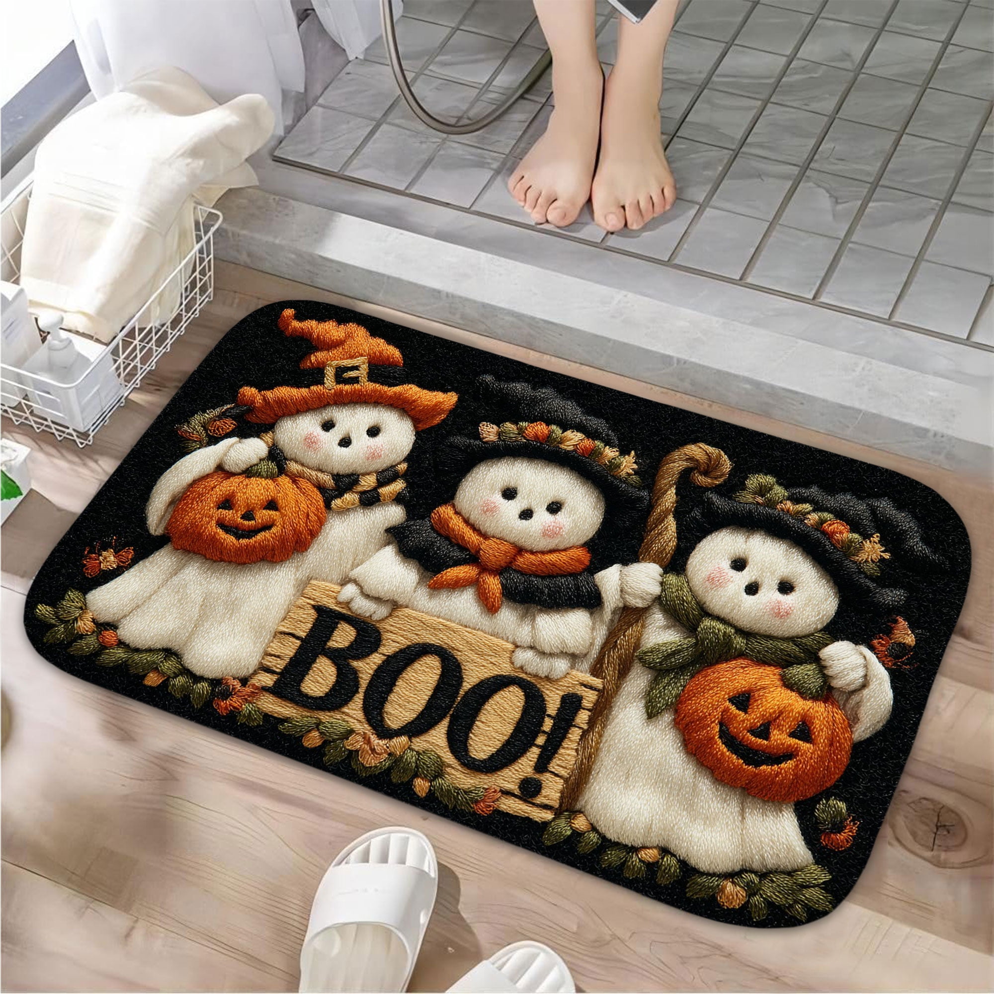 1pc Halloween Ghosts Absorbent Non-Slip Bathroom Thickened Flannel Rug ...