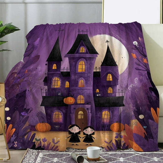 1pc Halloween Haunted Castle & Pumpkin Print Flannel Blanket - Soft ...