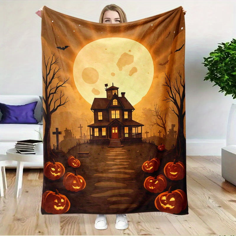 1pc Halloween Horror Style Warm Blanket - Spooky Haunted House & Jack-O ...