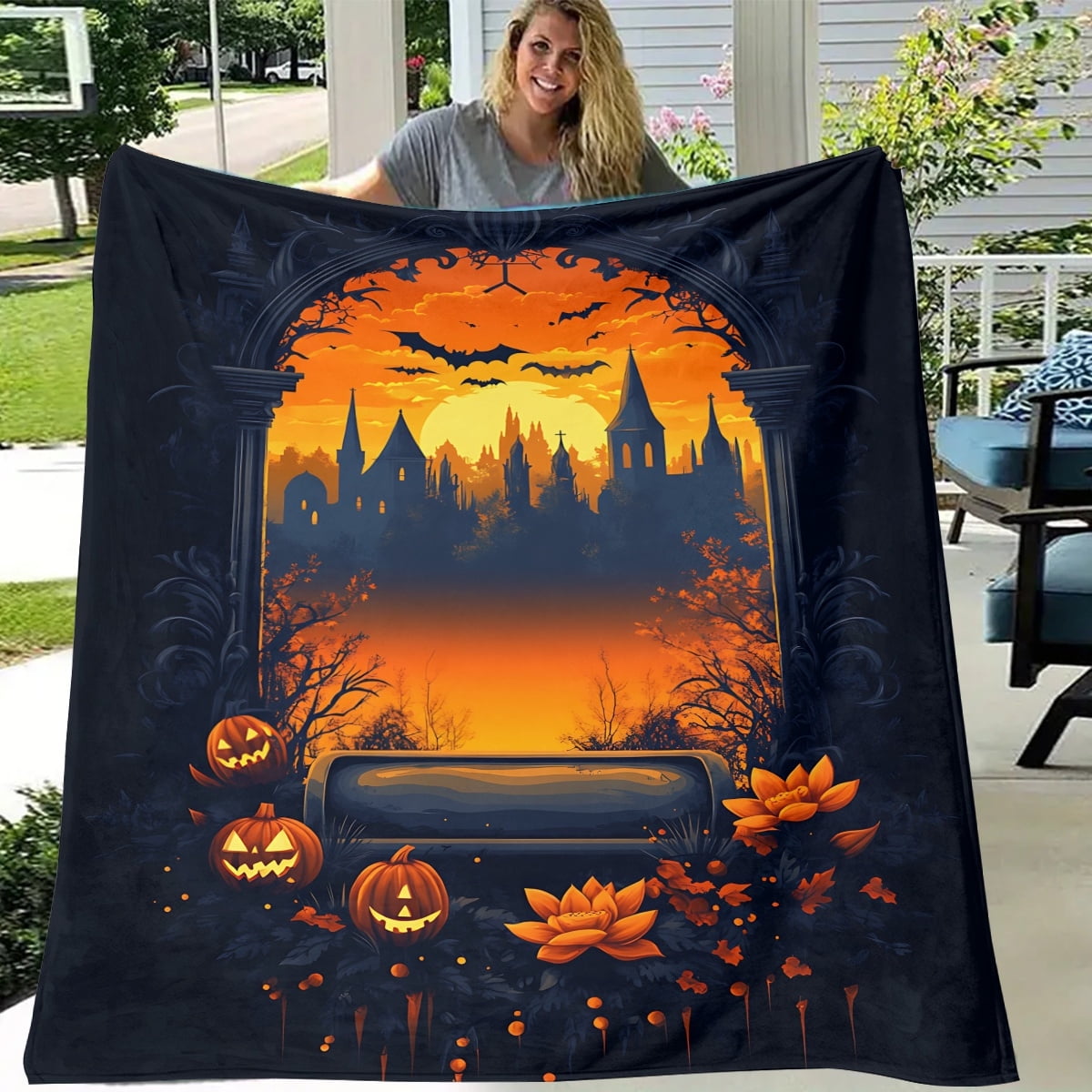 1pc Halloween Night Scene Flannel Blanket - Spooky Jack-O'-Lantern ...