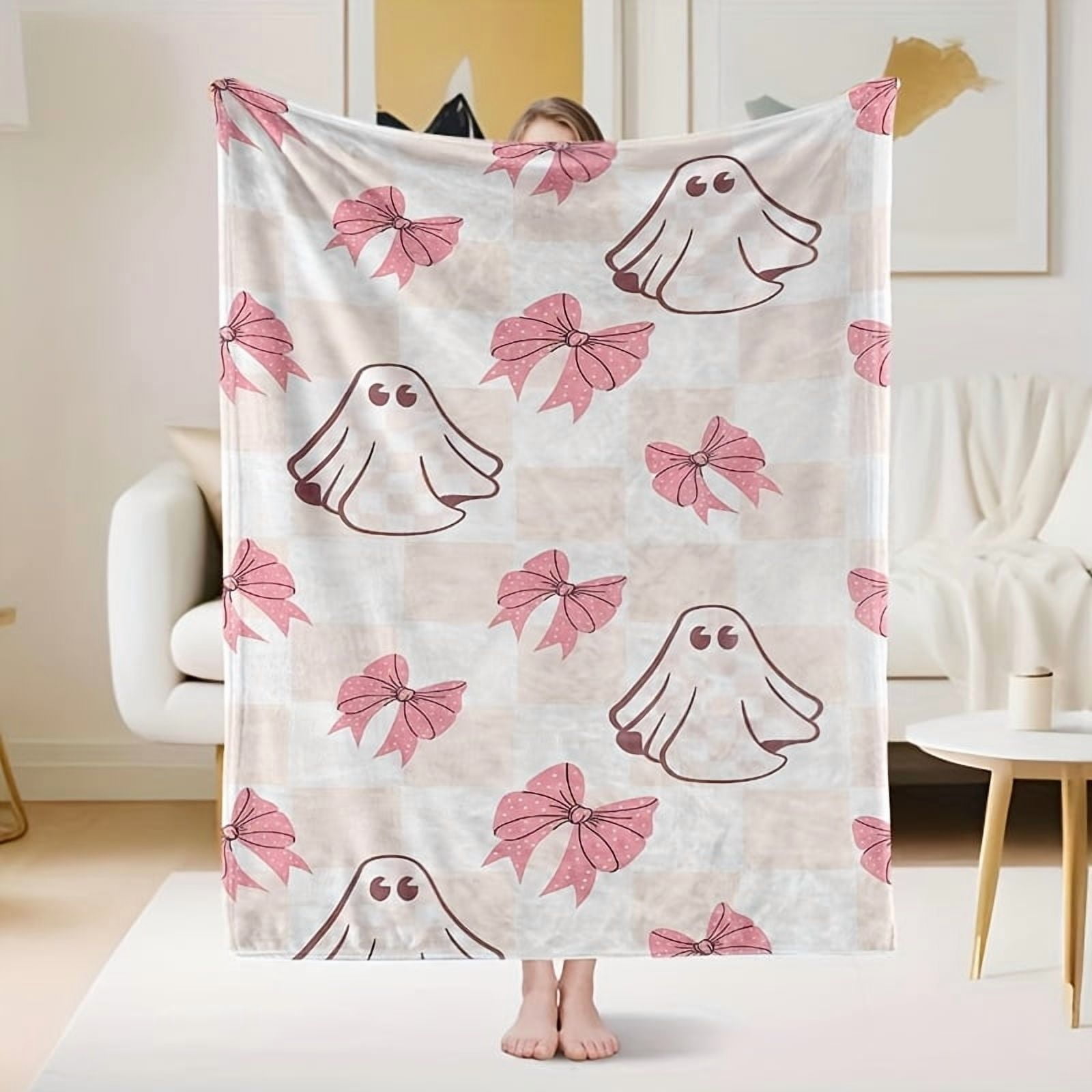 1pc Halloween Pink Bow Plaid Ghost Blanket with White Background, Soft ...