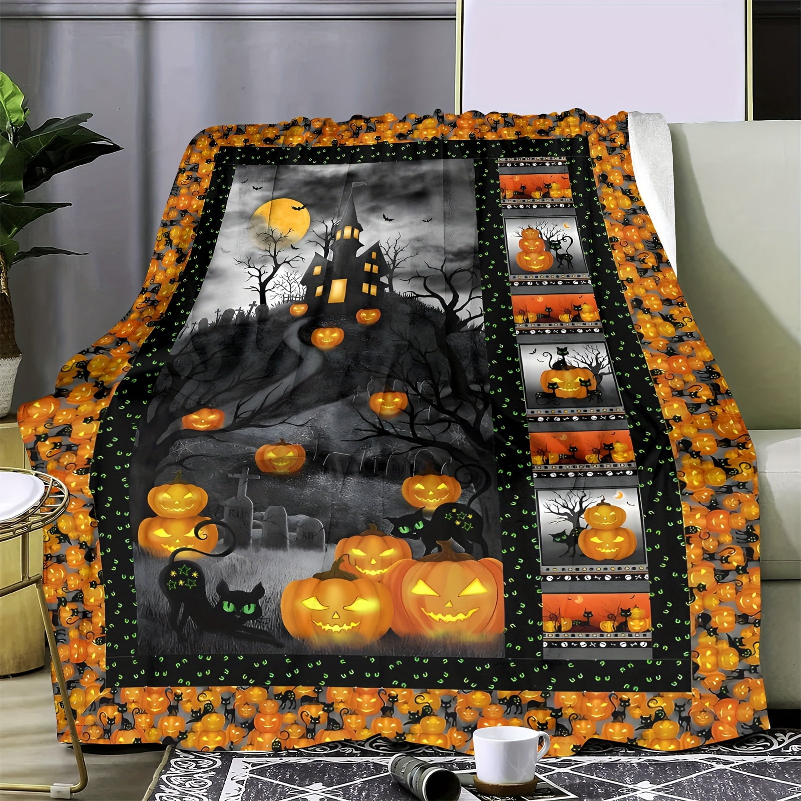 1pc Halloween Pumpkin and Haunted House Flannel Throw Blanket ...
