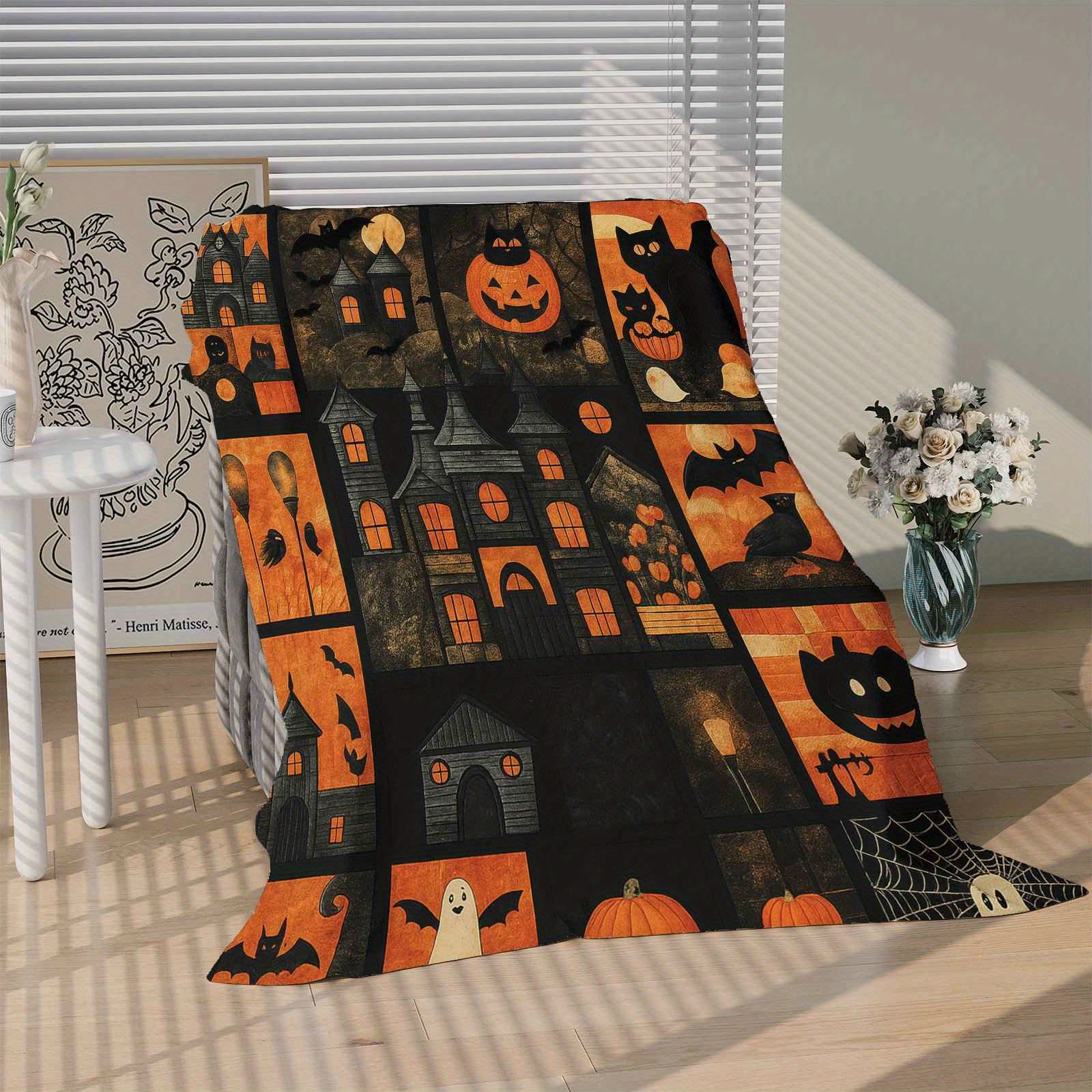 1pc Halloween-Themed Black Cat, Pumpkin & Bat Haunted Castle Flannel ...