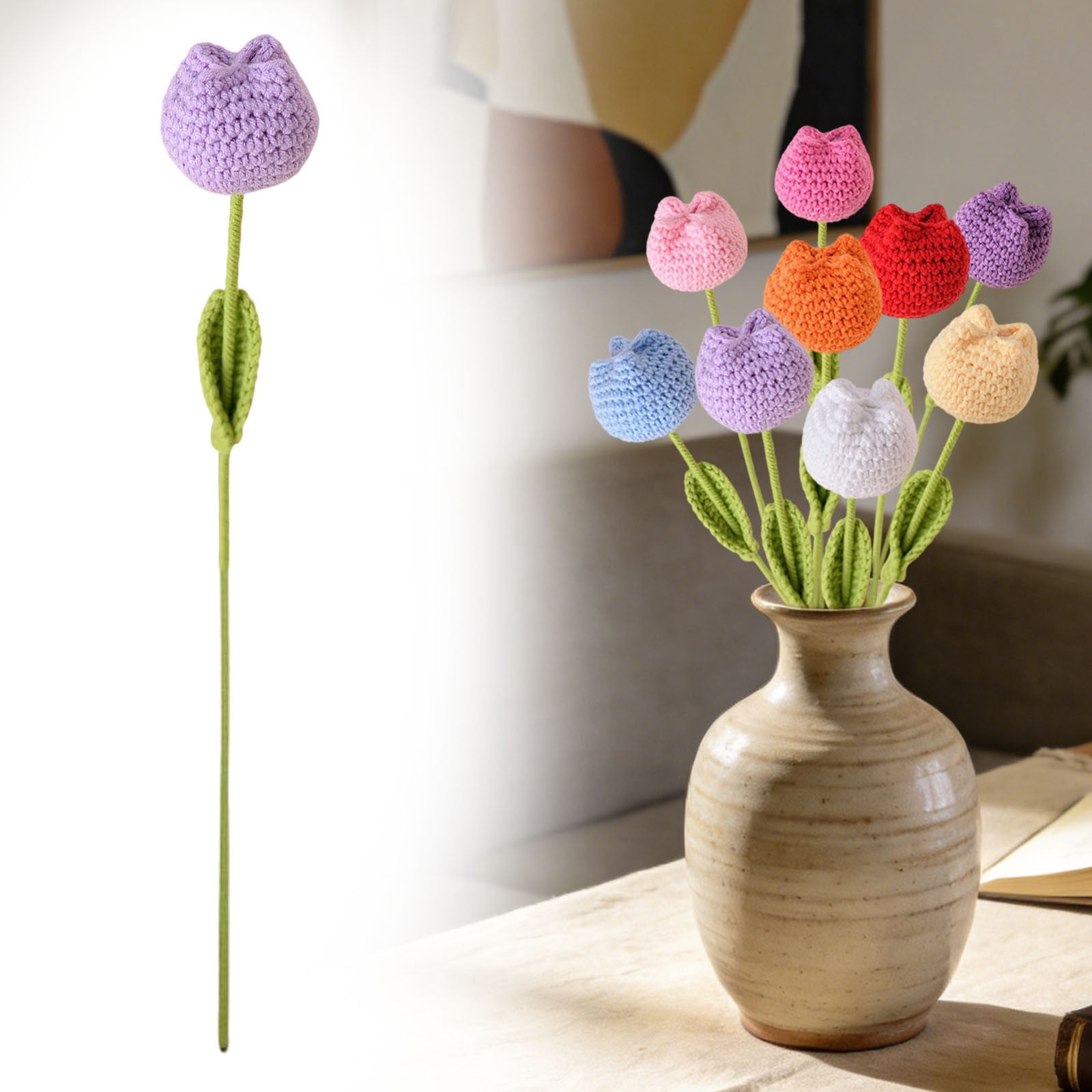 1pc Handmade Crochet Tulip, Light Violet Knitted Artificial Flower with ...